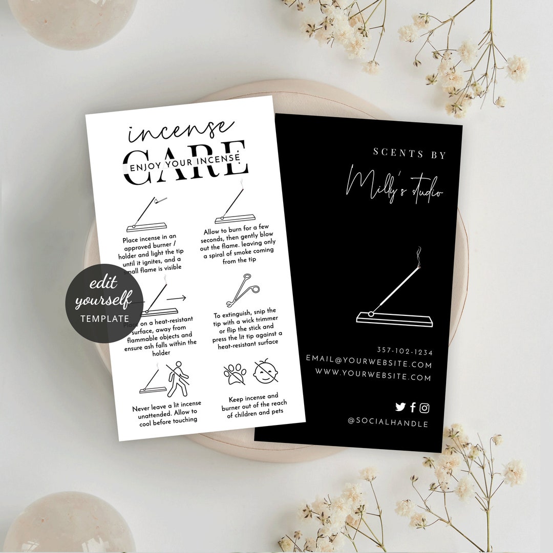 Incense Care Instructions Card Template, MINI 3.5x2" Care Guide for ...
