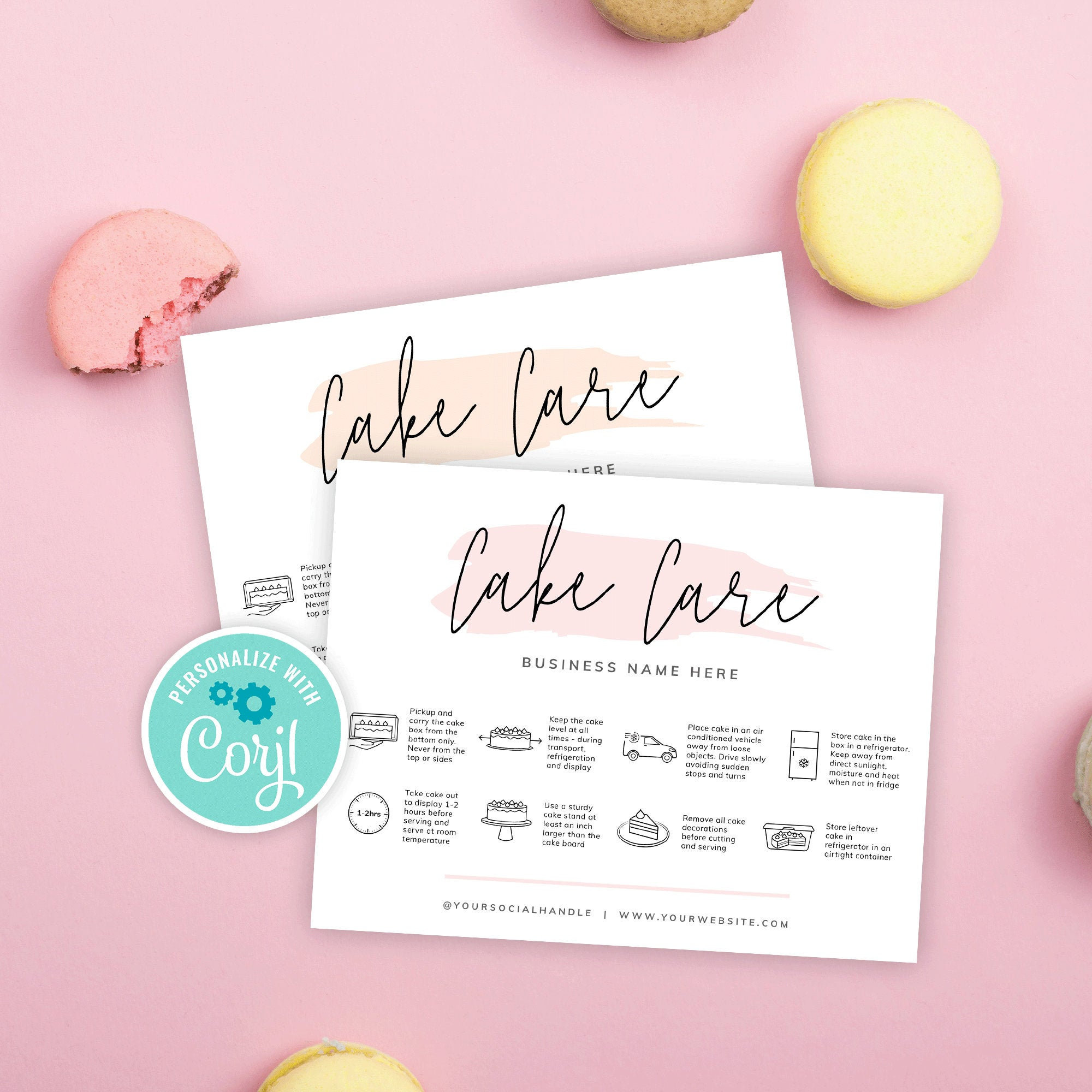 Editable Cake Care Card, Printable Cake Care Template, Pink Watercolor ...