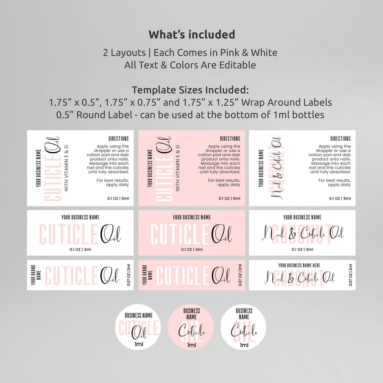 Cuticle Oil Bottle Wrapper Label Template, Custom 1ml 2ml 3ml 5ml MINI ...