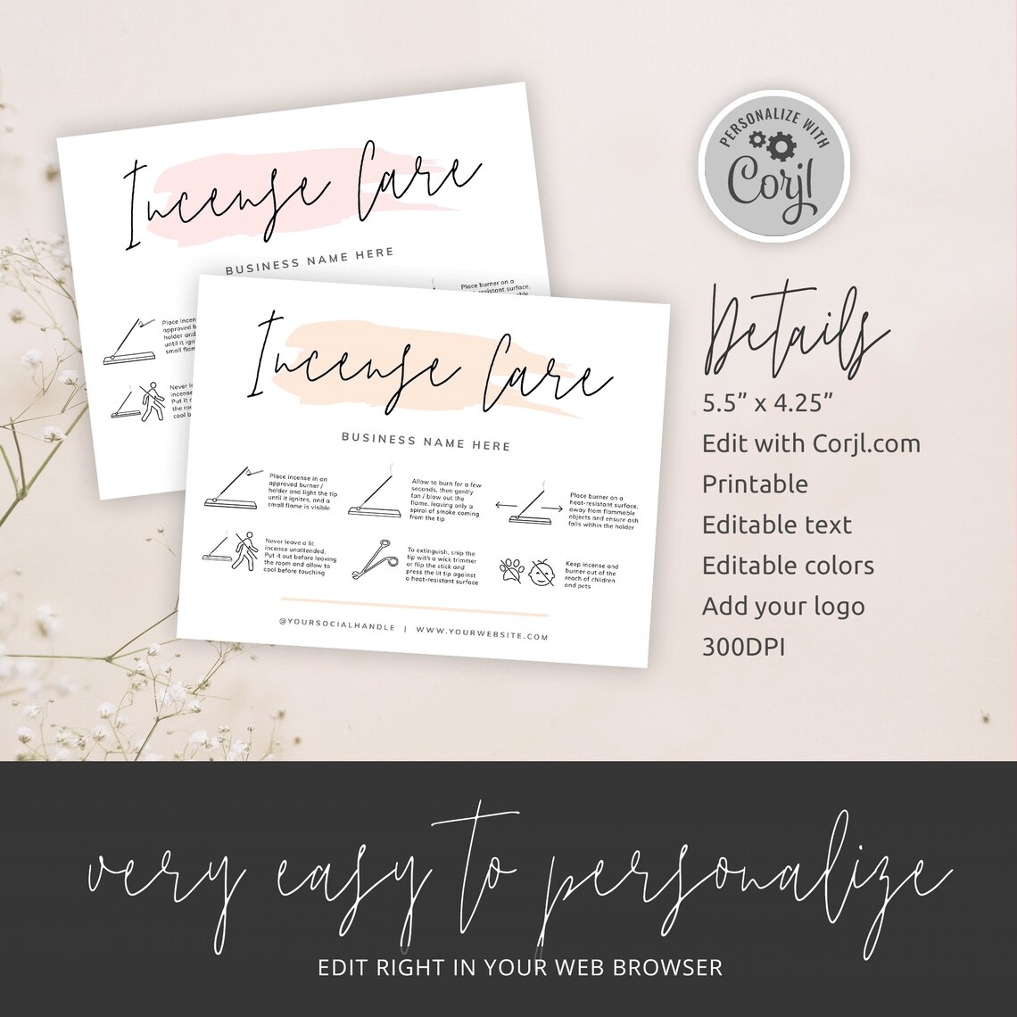 Incense Stick Care Card Template Editable Aromatherapy - Etsy