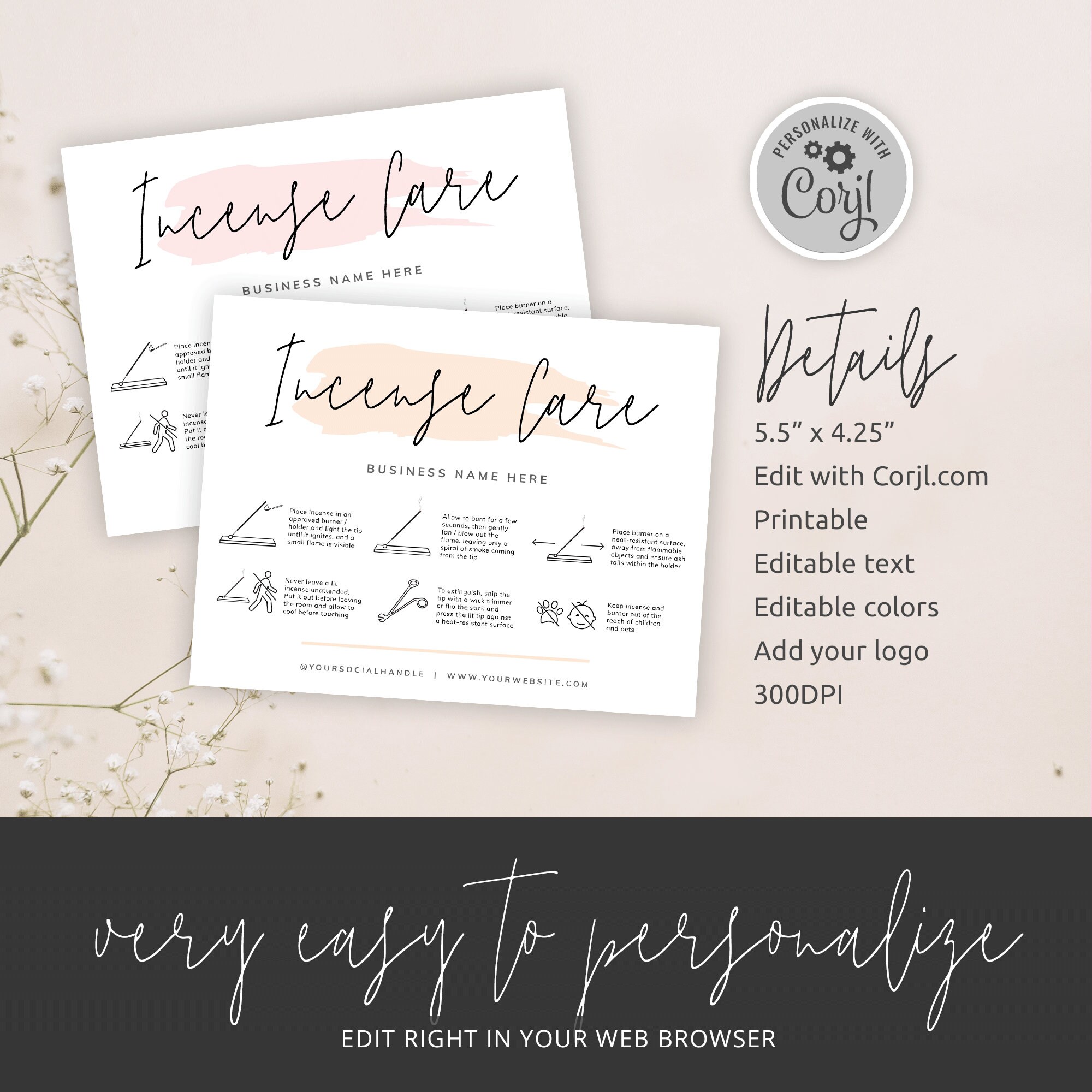 Incense Stick Care Card Template, Editable Aromatherapy Scented Sticks ...