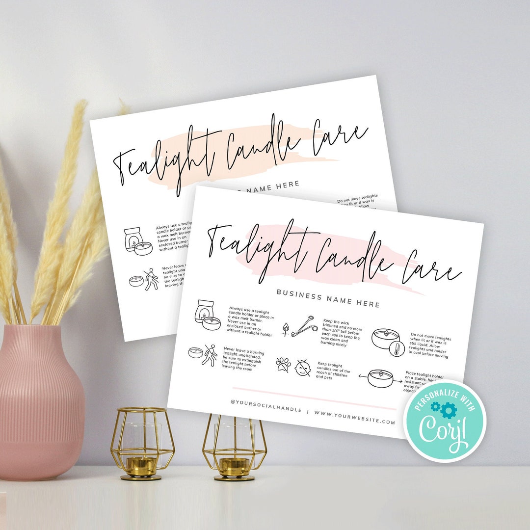 Tealight Candle Care Card, Printable Tea Lights Warning Template, Pink ...