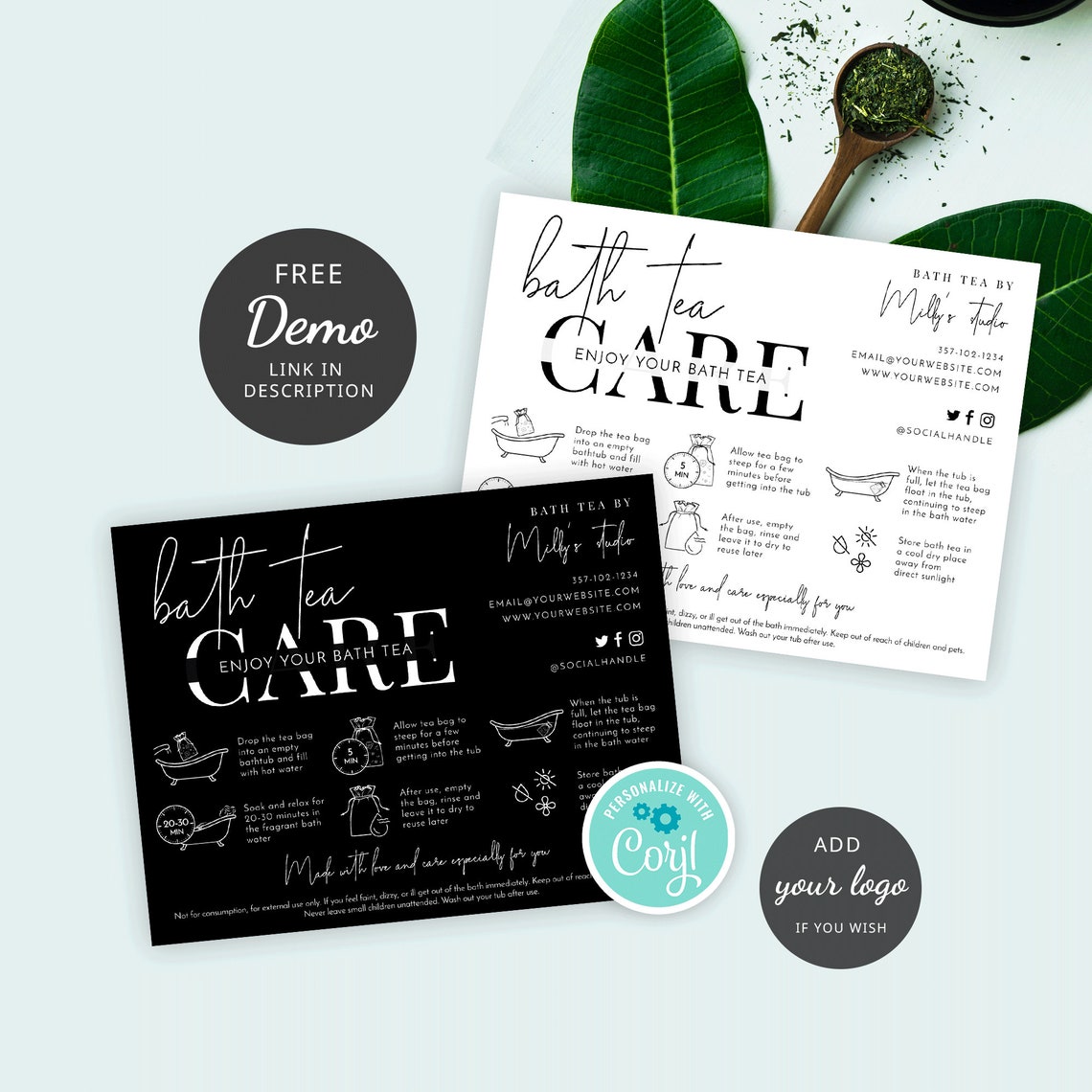 Minimalist Bath Tea Care Card Template, Editable Tub Tea Care Guide ...