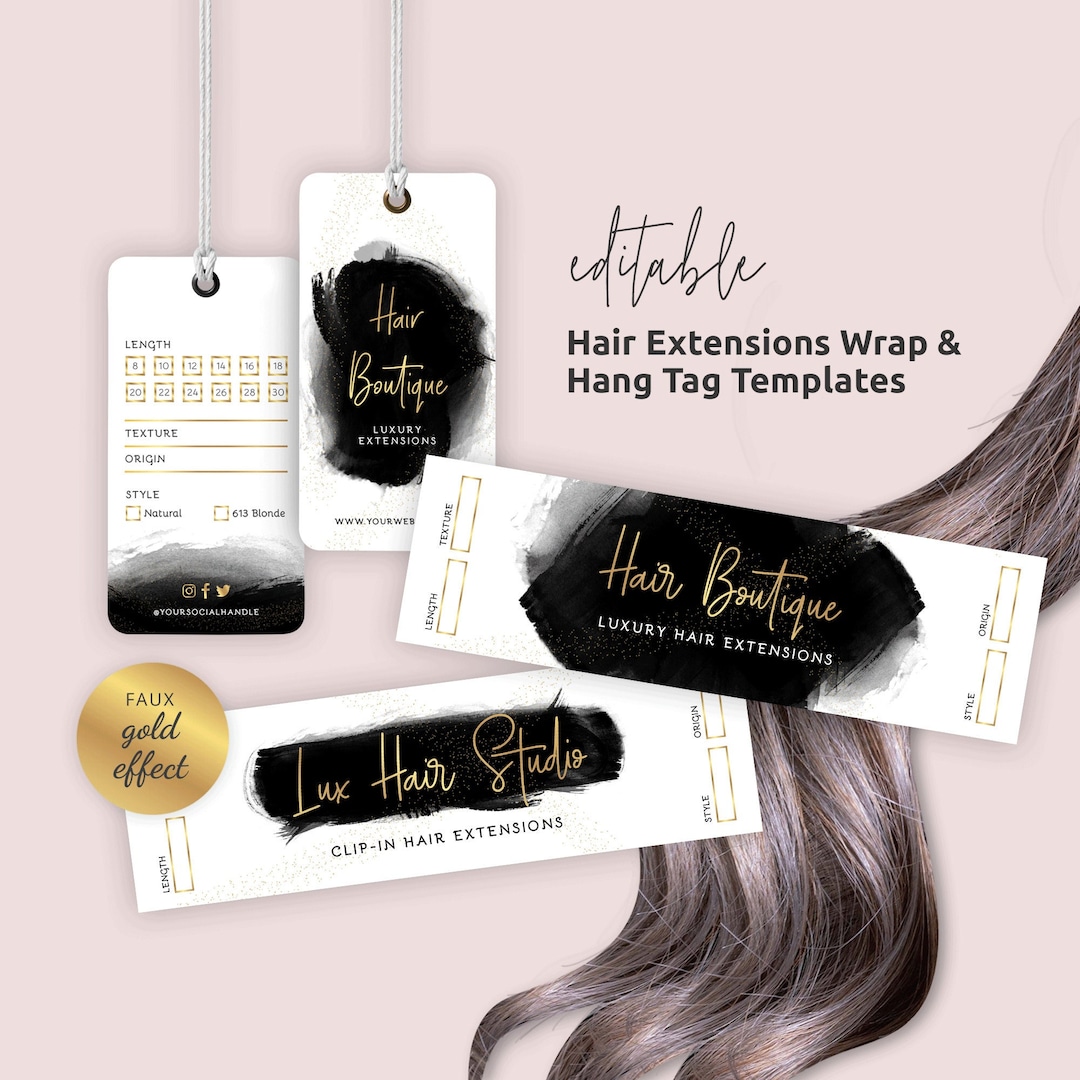 Hair Extensions Bundle Wrap Template, Editable Hair Clip Ins Hang Tag ...