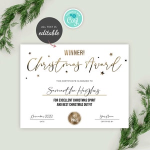 Christmas Certificate Template, Festive Participation Award, Editable ...