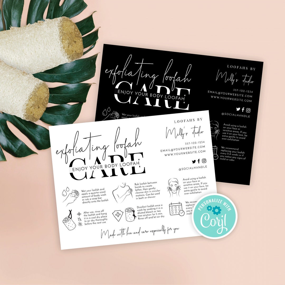 Minimalist Loofah Care Card Template, Printable Luffa Care Guide ...