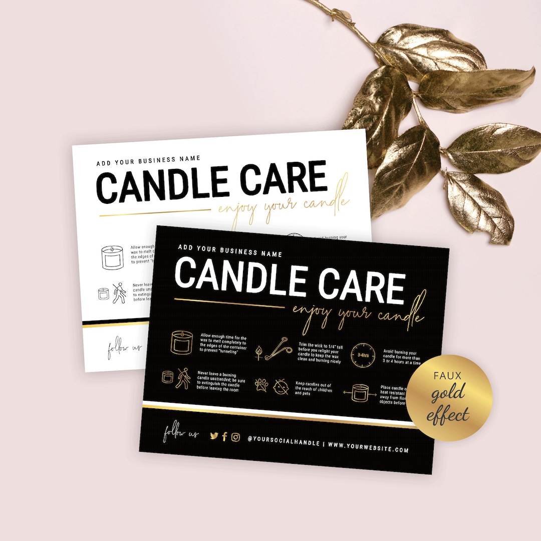 Custom Candle Care Card, Editable Candle Care Instructions, Faux Gold ...