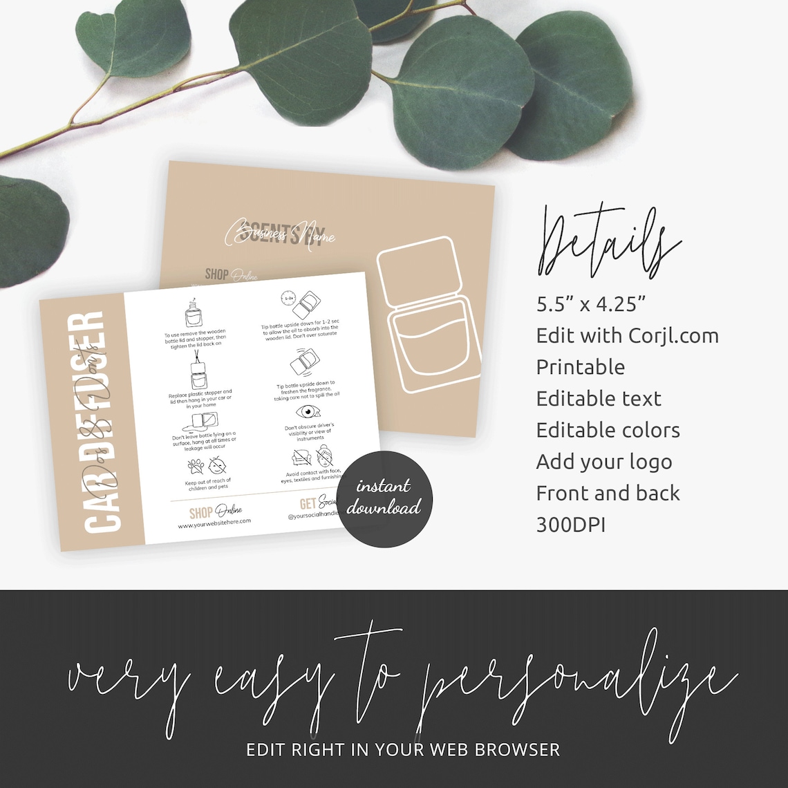 Car Diffuser Care Card Template Customizable Oil Diffuser | Etsy