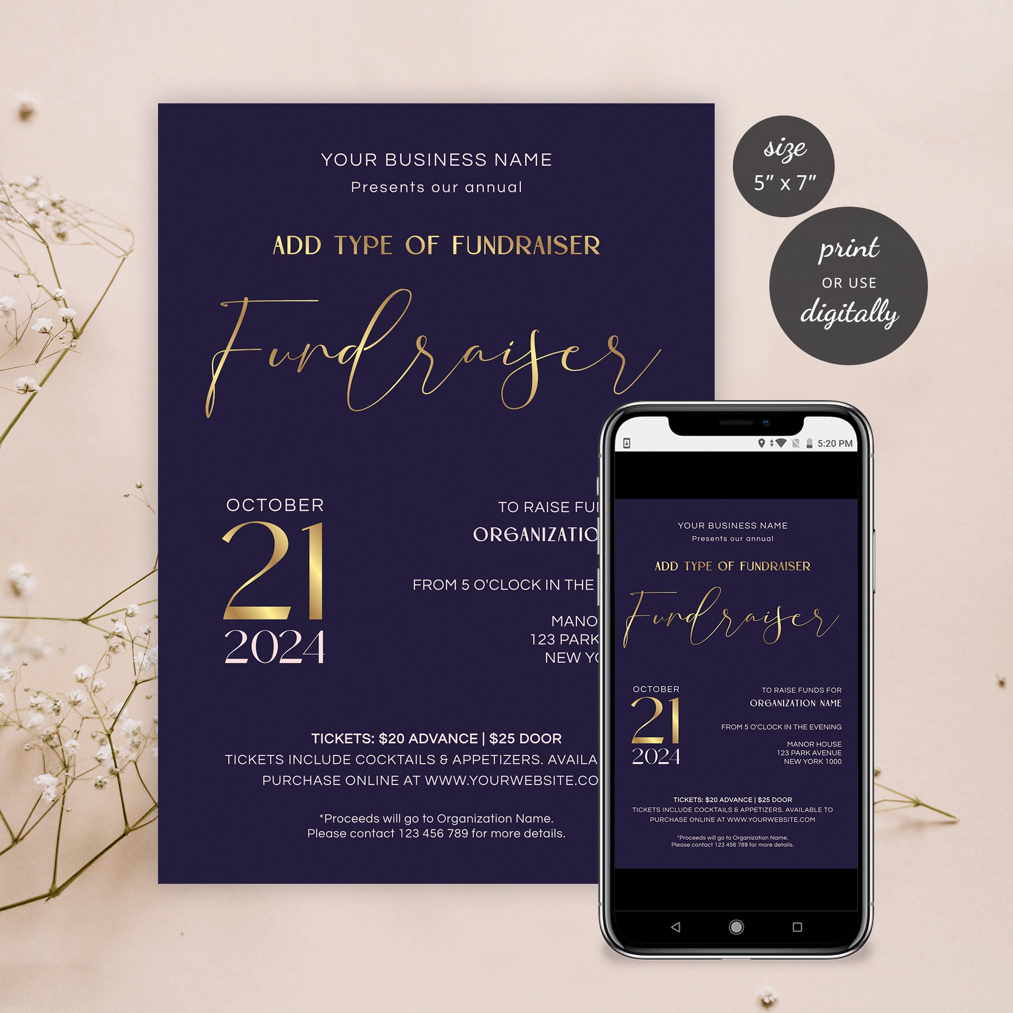 Fundraiser Invite Template Navy & Gold, Charity Gala Marketing Flyer ...
