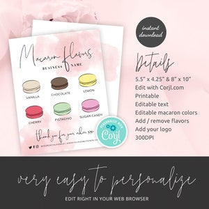 Macarons Flavor List Template, Editable Macaron Bar Sign Watercolor ...