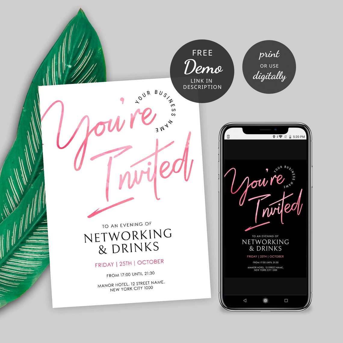 Business Networking Invitation Template, Feminine Pink and Black ...