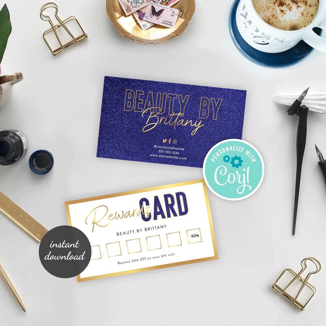 Blue & Gold Loyalty Card Template Printable PMU Rewards Card - Etsy