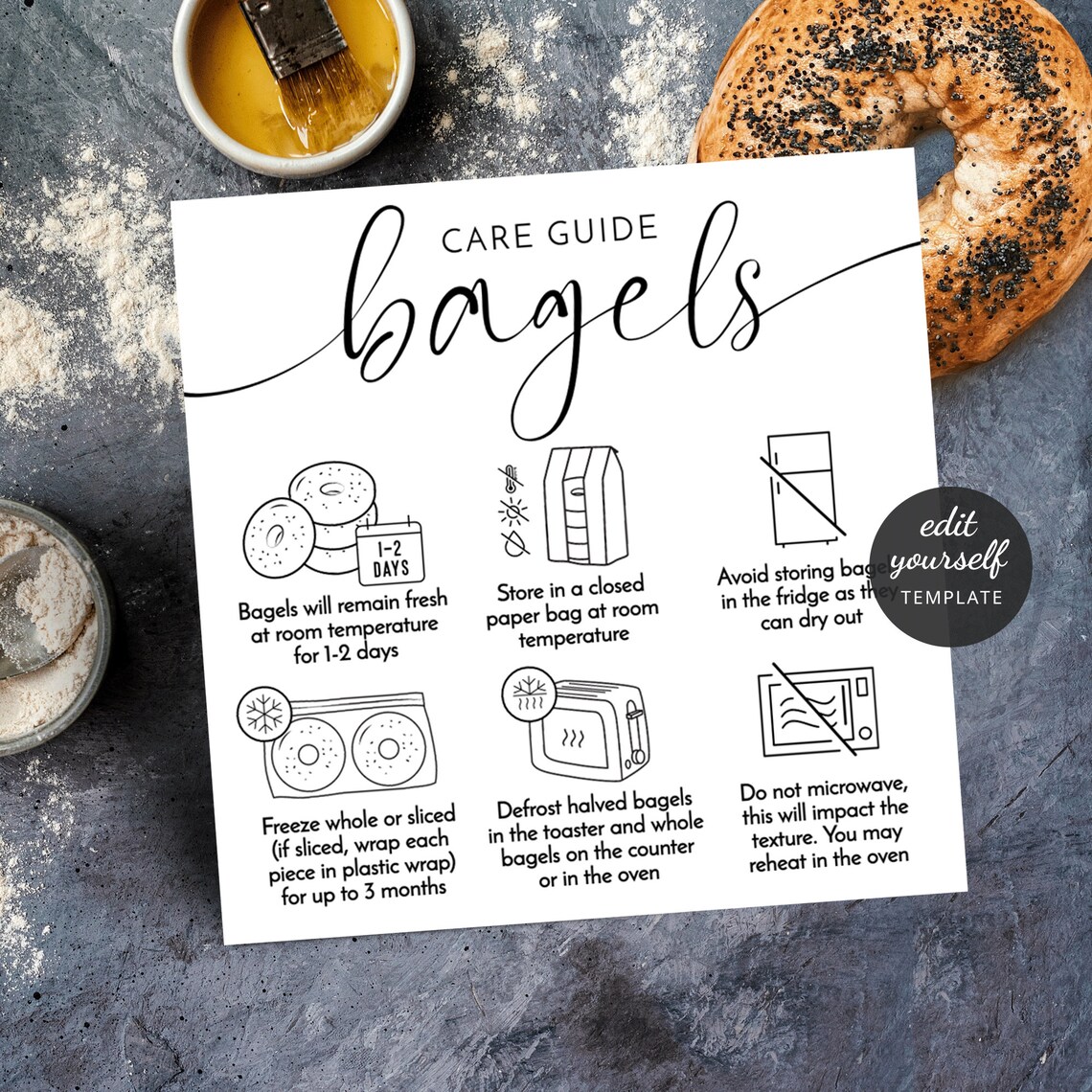 Minimal Bagel Care Card Template, Custom Bread Roll Storage ...