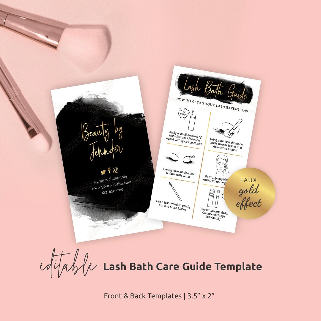 Lash Bath Care Guide Template, Lash Shampoo Care Card, Black & Gold ...