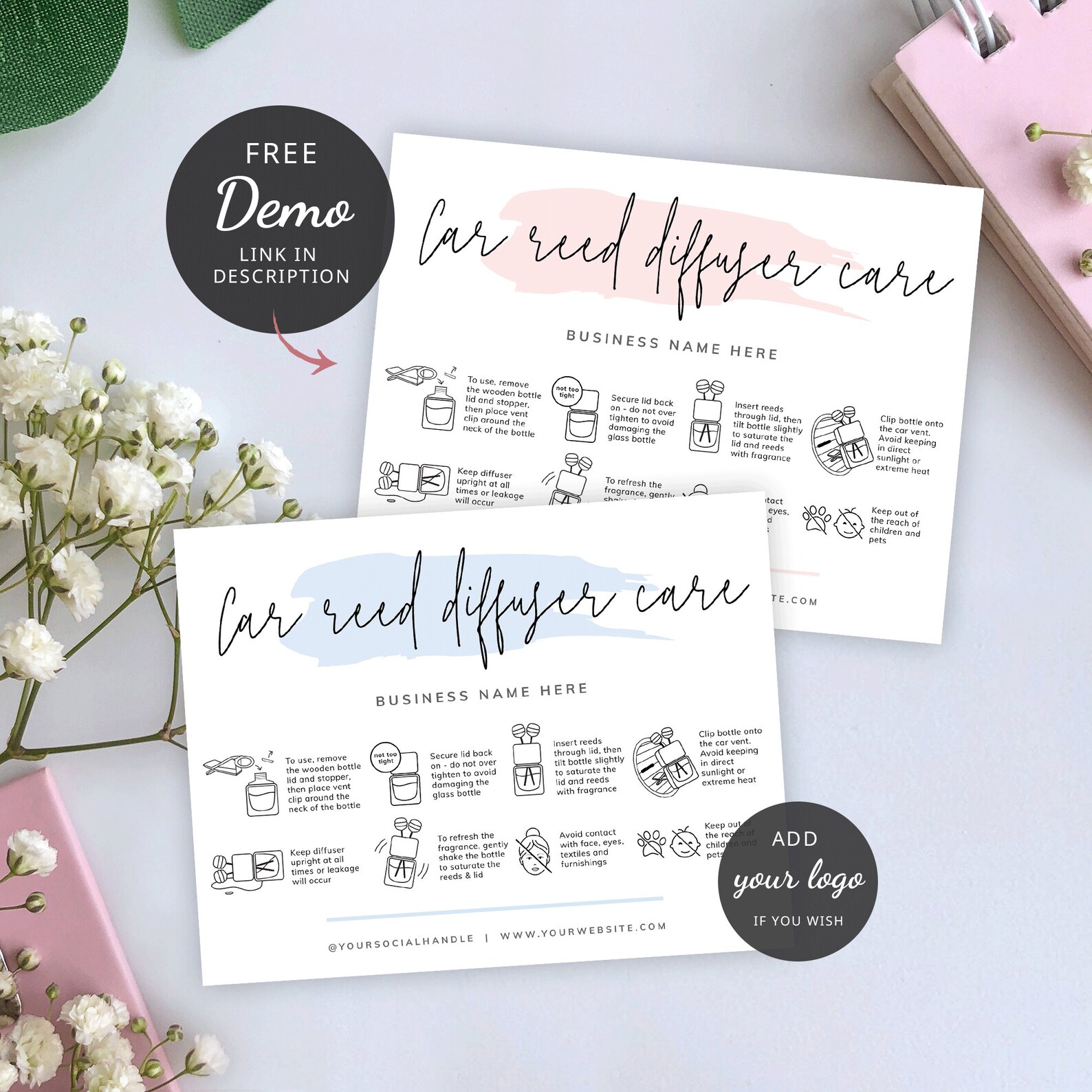 Car Reed Diffuser Care Guide Template, Editable Car Vent Clip Diffuser ...