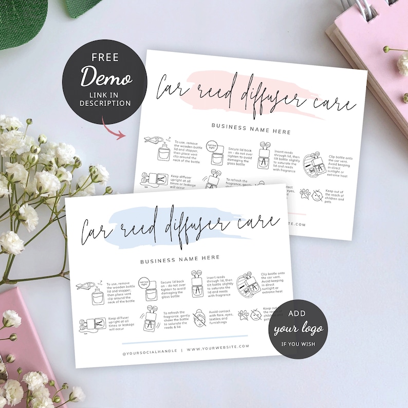 Car Reed Diffuser Care Guide Template, Editable Car Vent Clip Diffuser ...