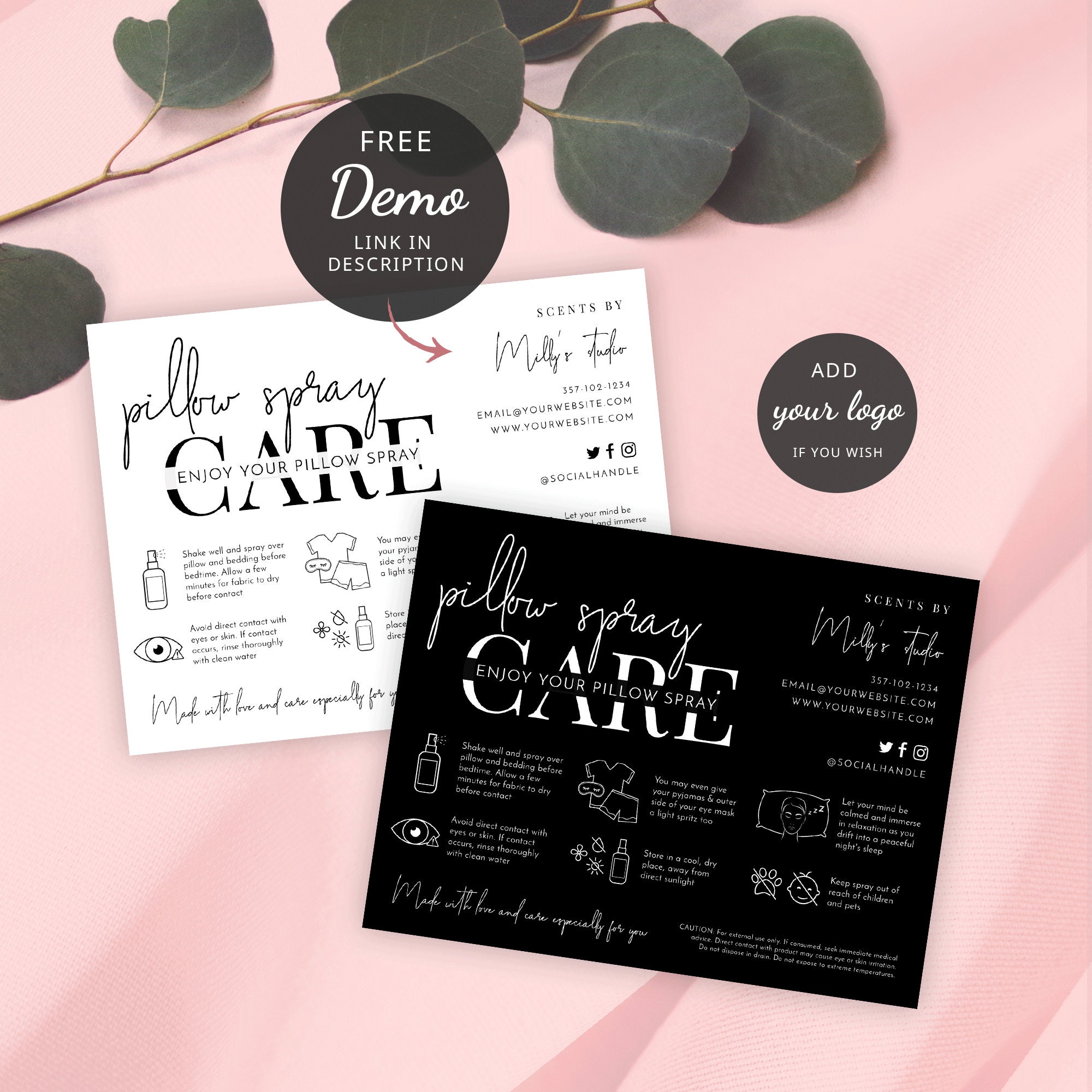 Pillow Spray Care Card Template Custom Sleep Mist Care Guide | Etsy