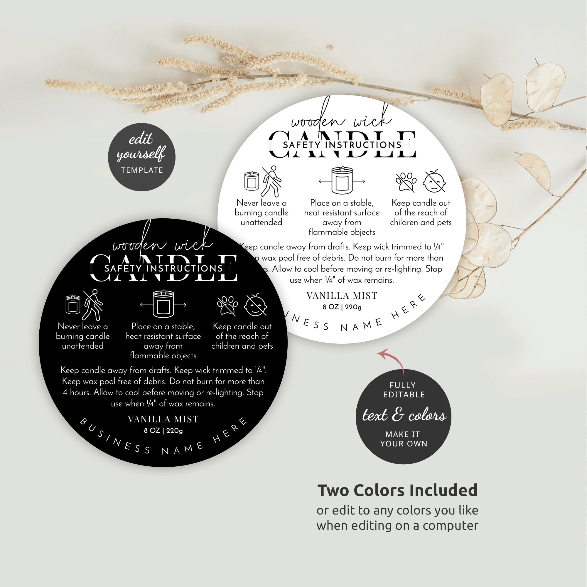 Wooden Wick Candle Warning Label Template, Printable Candle Jar Safety ...