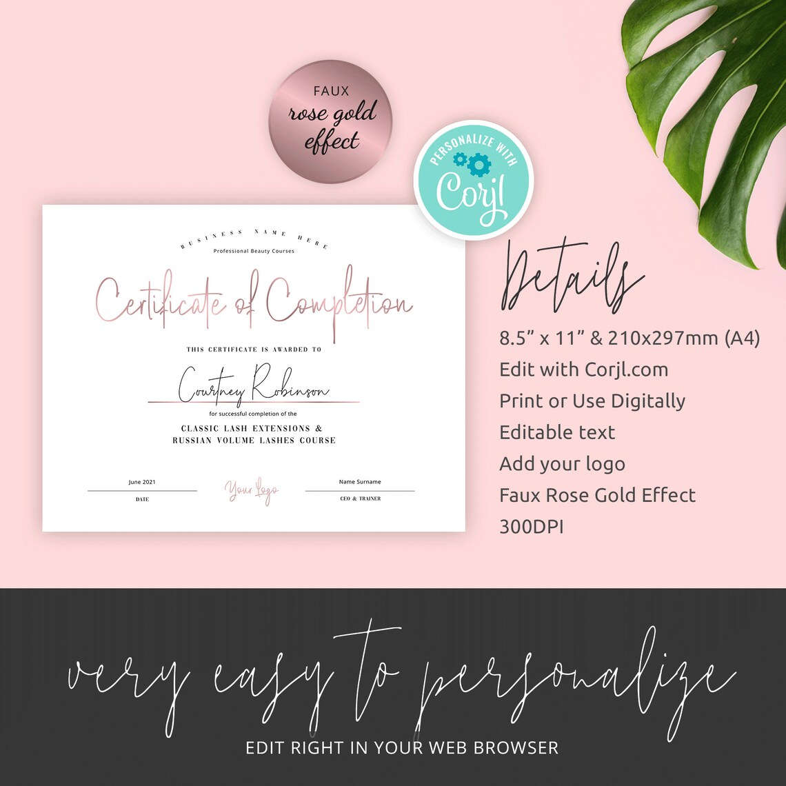 Rose Gold Completion Certificate Template, Customizable Certificate of ...