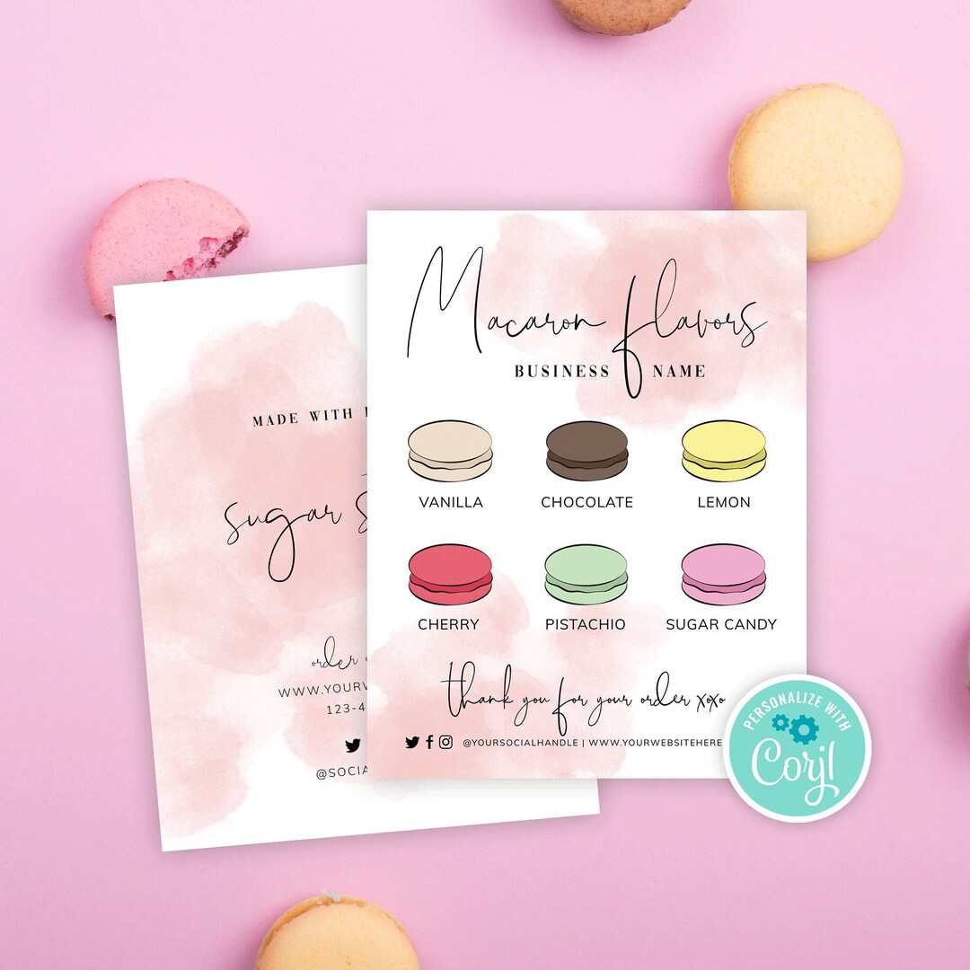 Macarons Flavor List Template, Editable Macaron Bar Sign Watercolor ...