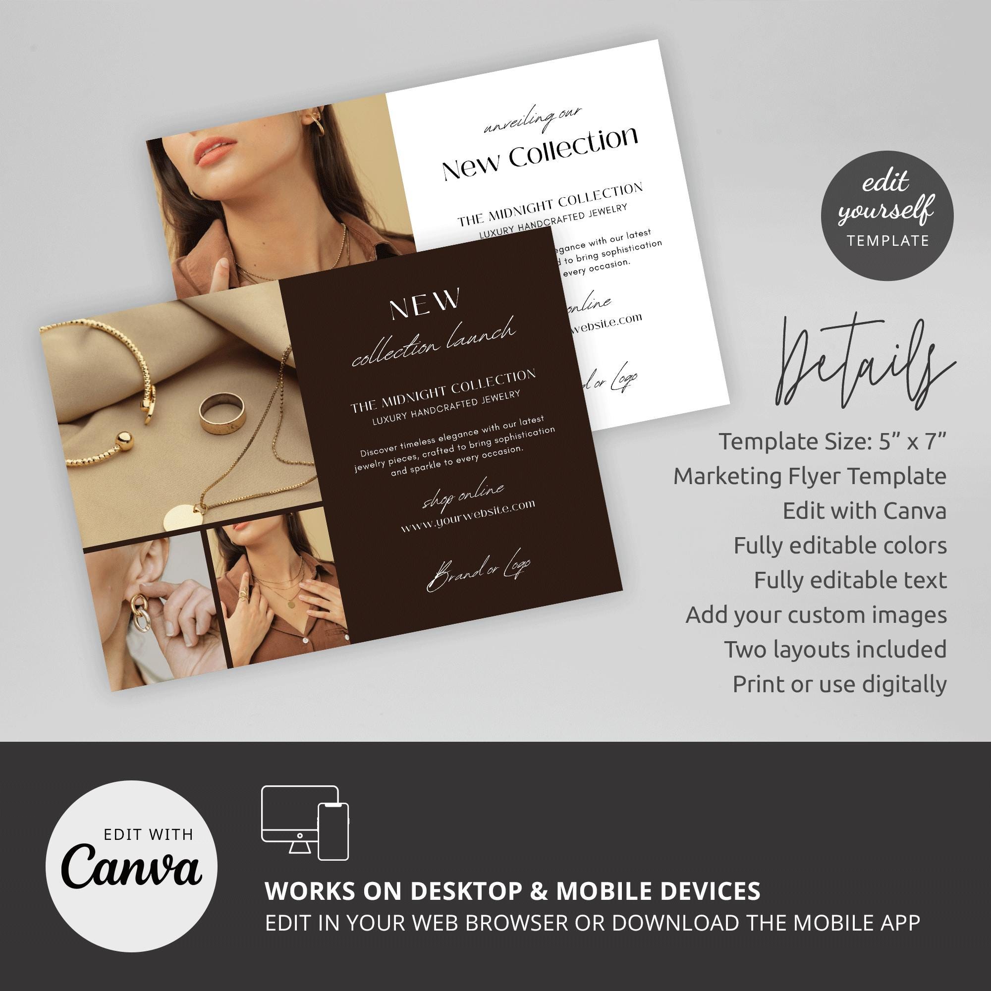 Jewelry Marketing Flyer Canva Template, New Collection Launch Leaflet ...