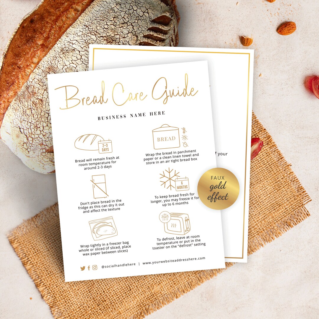 Faux Gold Bread Care Card Template, Custom Loaf of Bread Storage ...