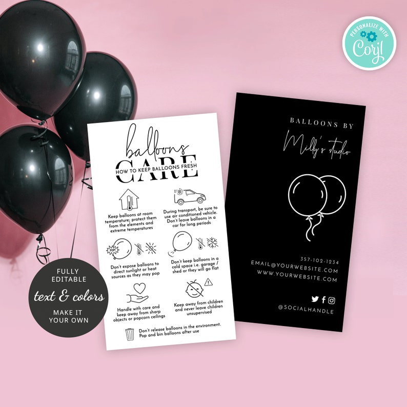 Balloons Care Card Template Editable Air and Helium Balloon - Etsy