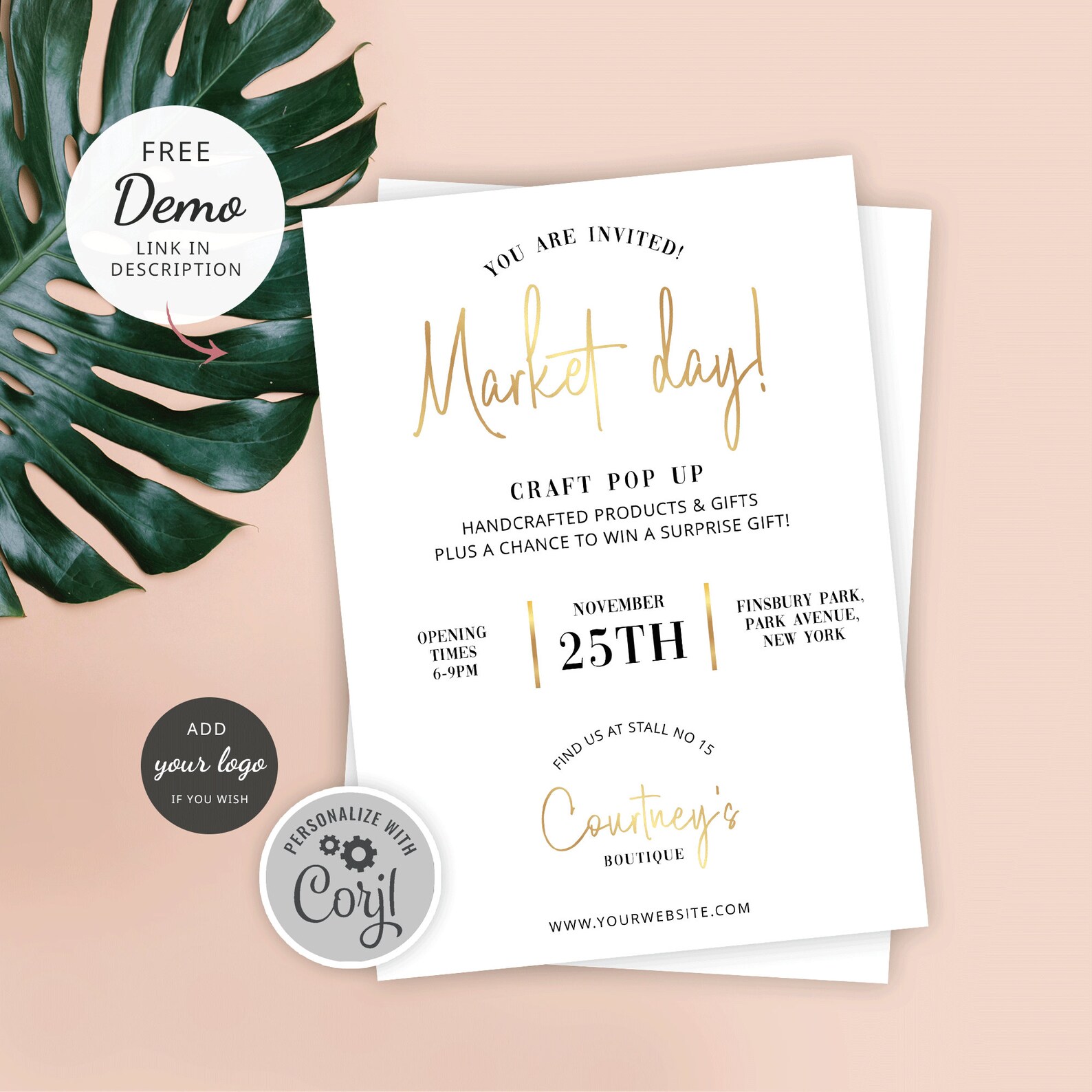 DIY Market Day Flyer Template, Faux Gold Market Stall Invite, Editable ...