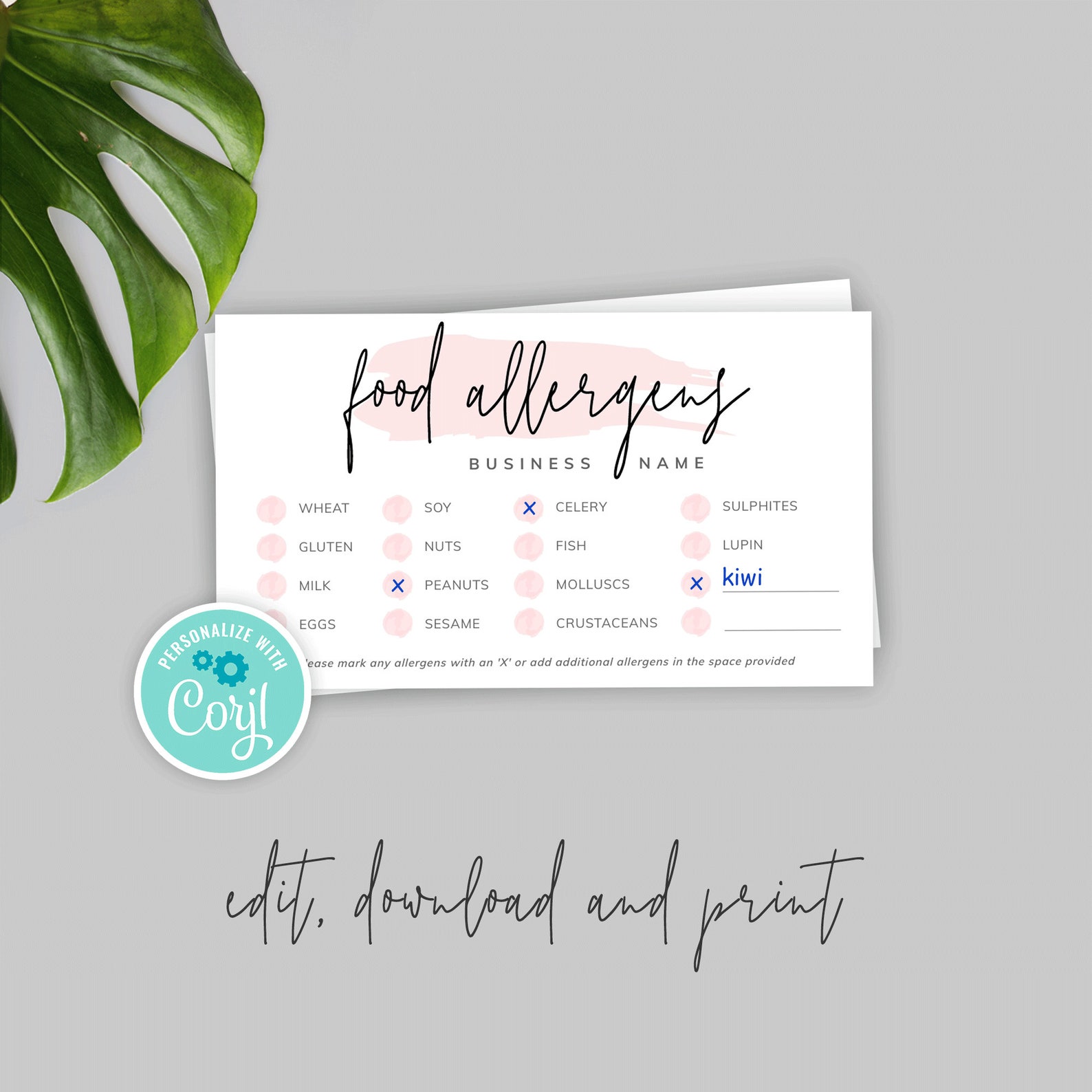 Printable Food Allergens Template, Editable Allergies Card Template ...