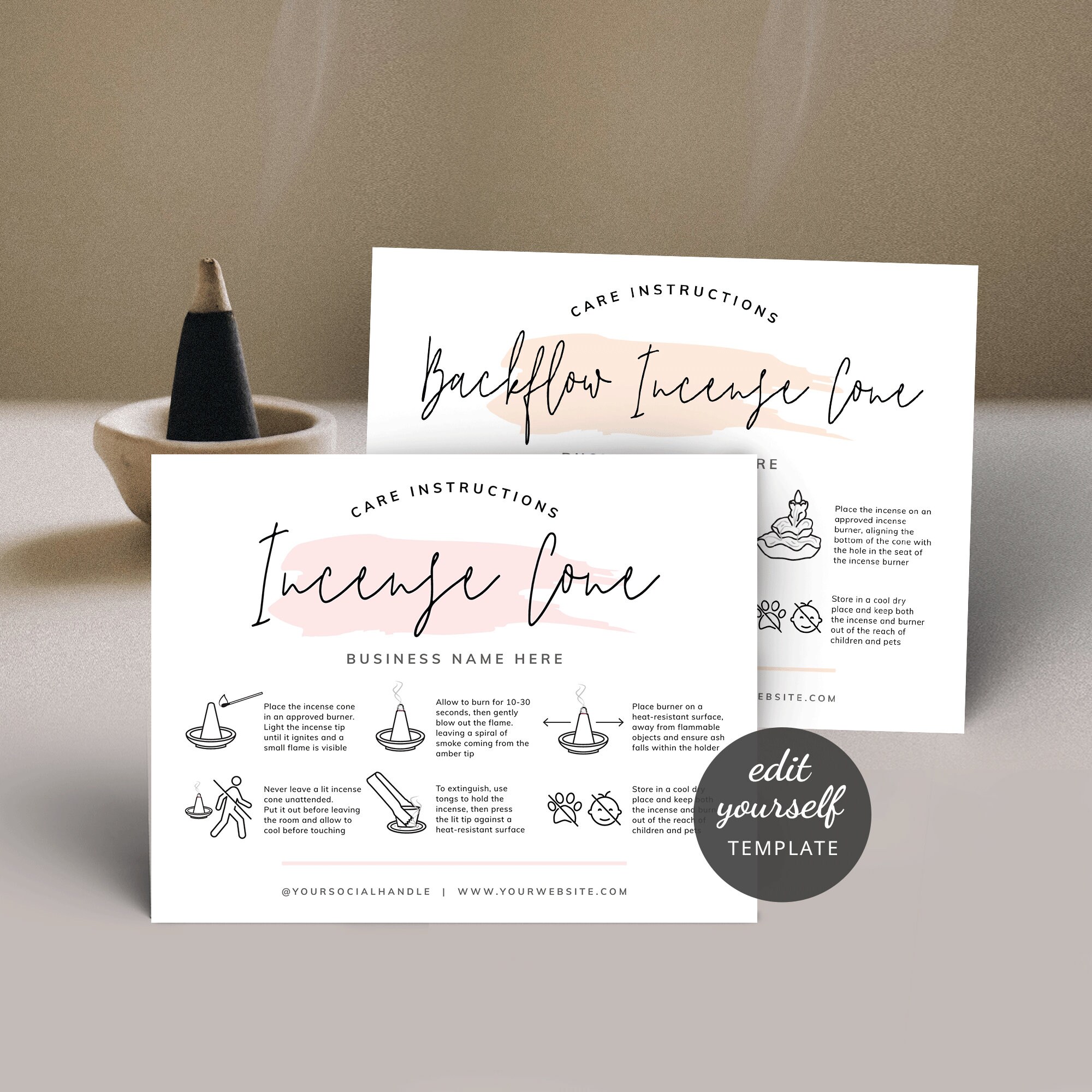 Incense Cone Care Card Template, Backflow Incense Instructions, Custom ...