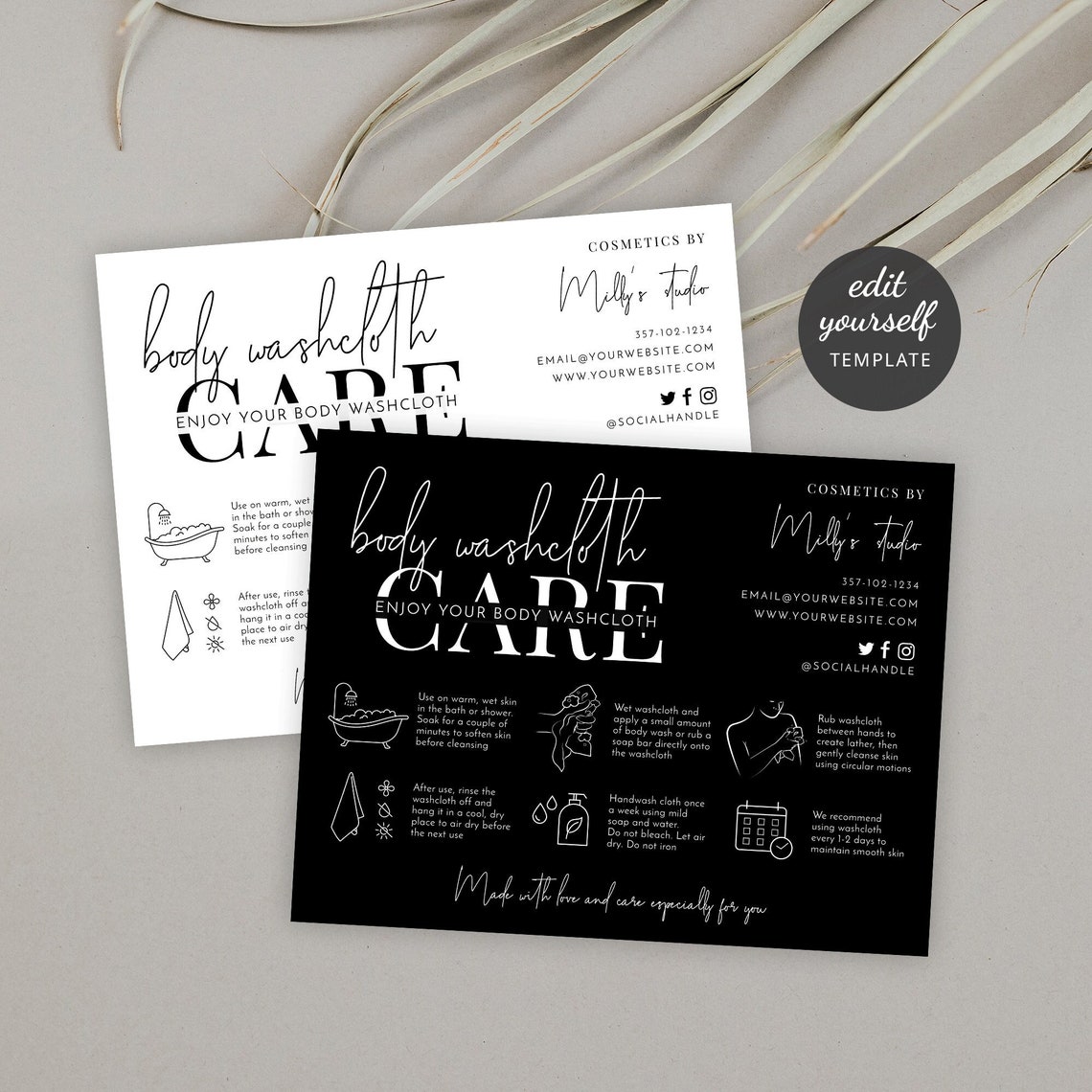 Minimalist Washcloth Care Card Template Editable Sisal Body - Etsy