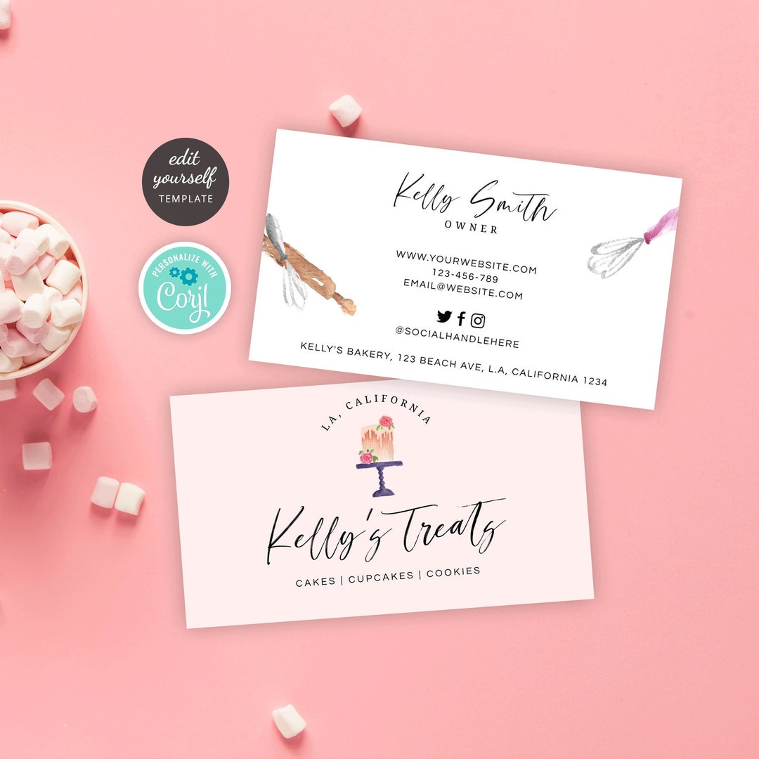 Bakery Business Card Template, Custom Cake Shop Cards Watercolour ...