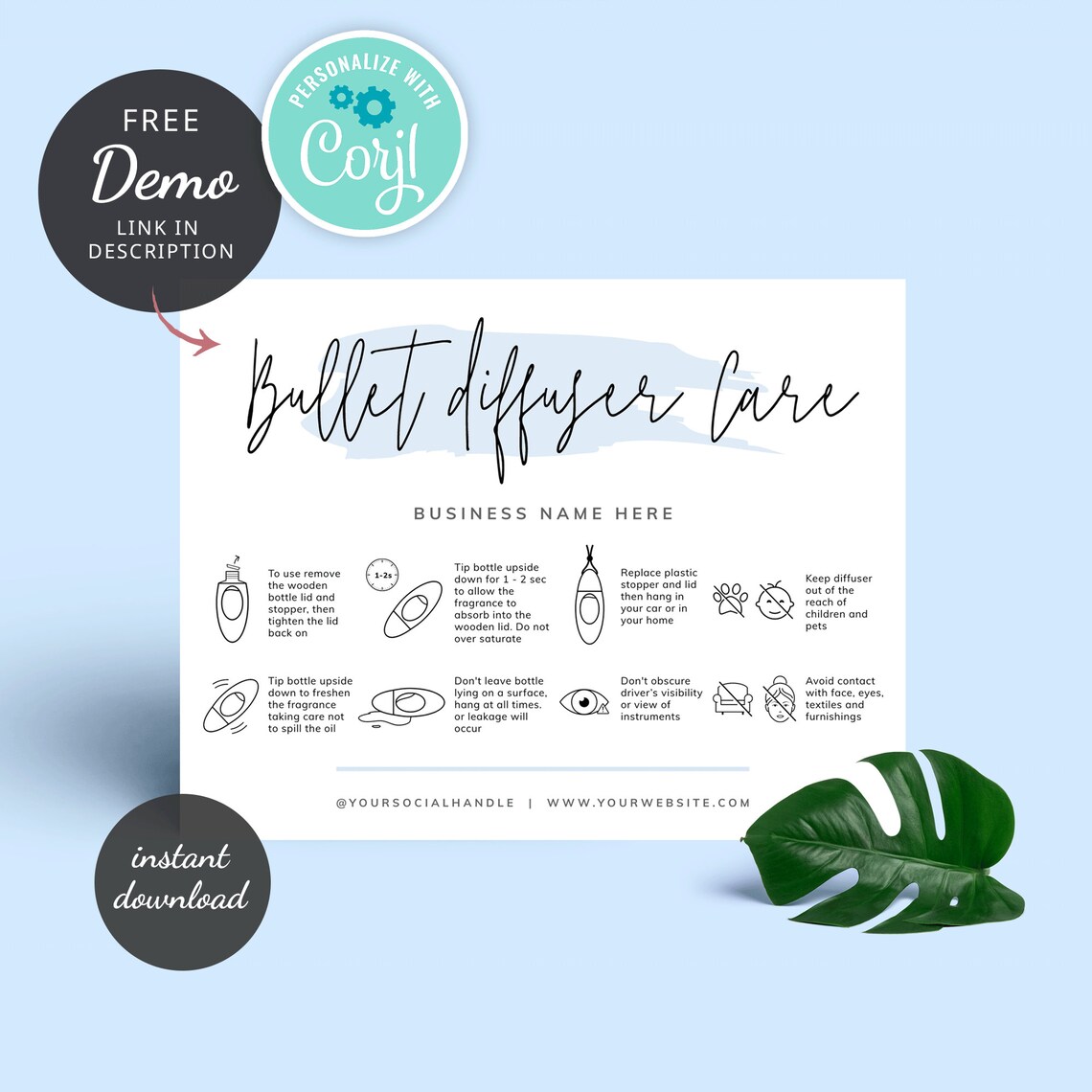 Hanging Diffuser Care Template, Custom Bullet Diffuser Care Cards ...