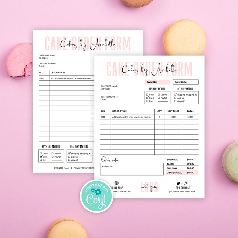 Cake Order Form Template Editable Bakery Invoice Design - Etsy