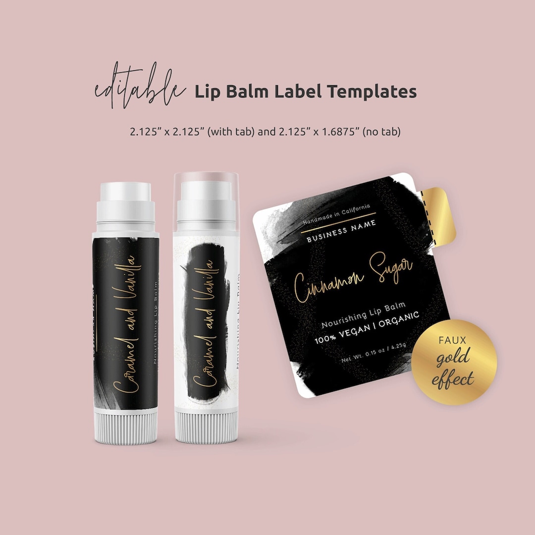 Lip Balm Tube Label Template Black & Gold, Custom Lipstick Sticker ...