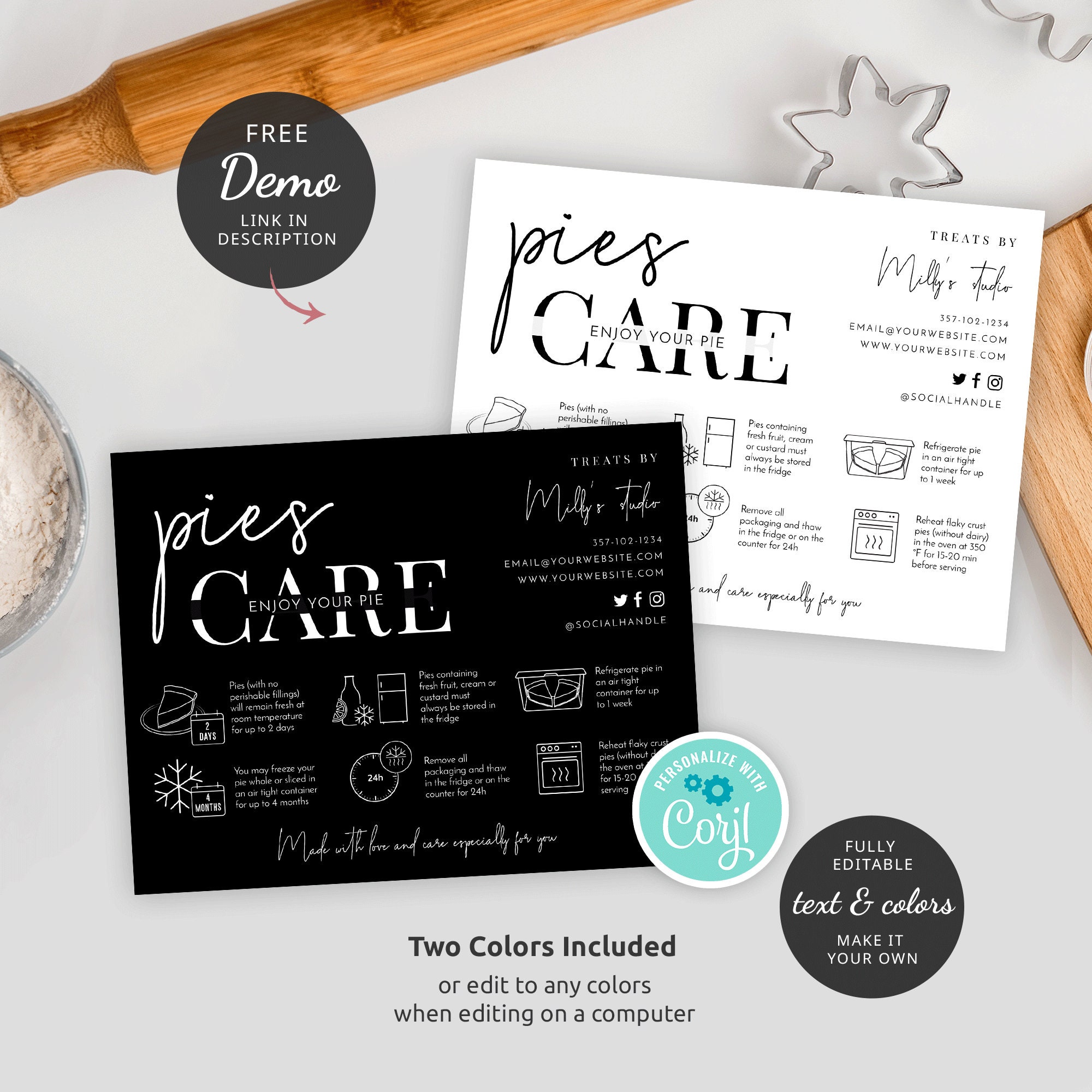 Pie Care Card Template, Custom Pastry Pie Storage and Care Instructions ...