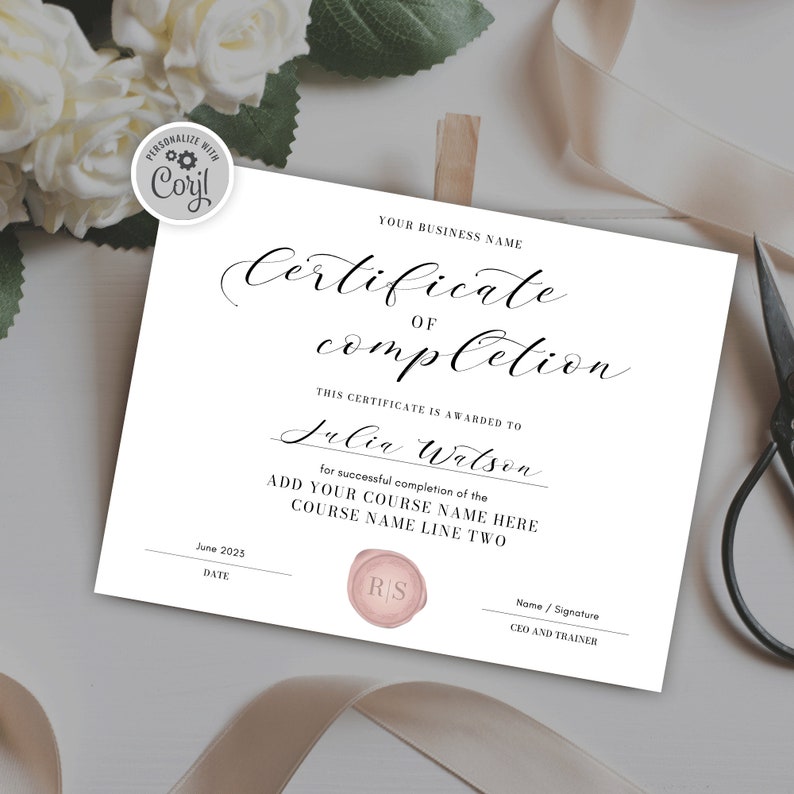 Elegant Completion Certificate Template With Calligraphy Font - Etsy