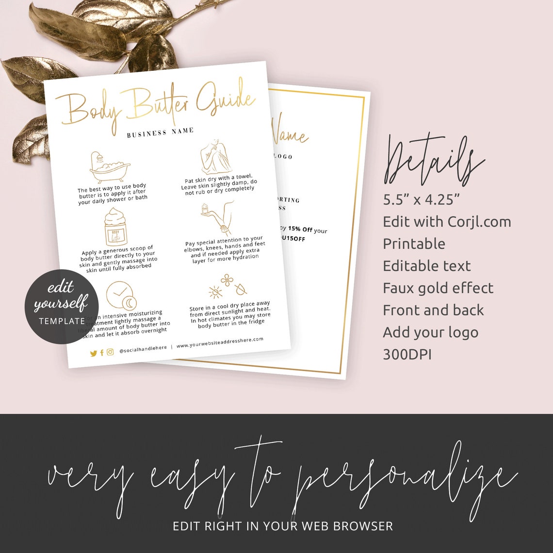 Whipped Body Butter Care Card Template Faux Gold Body Lotion - Etsy