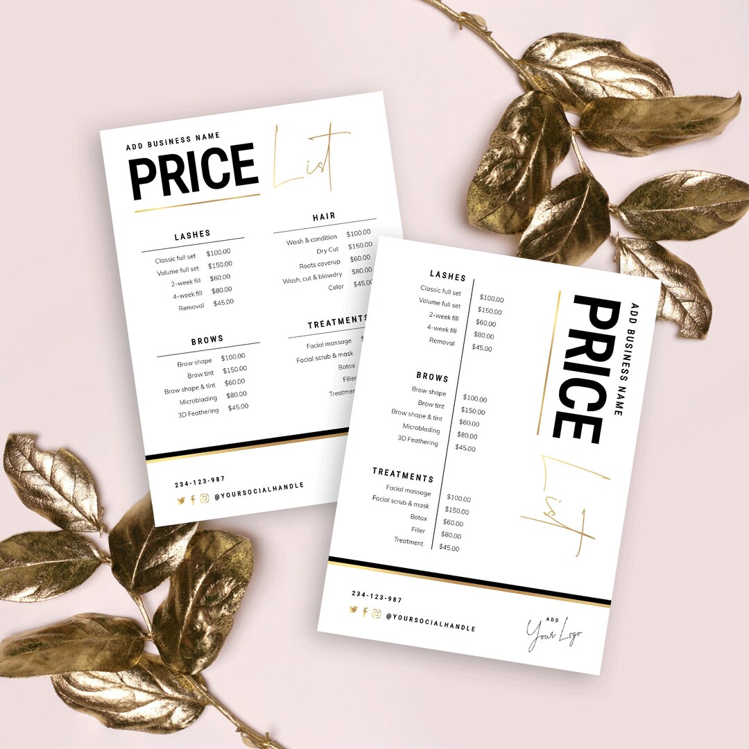 Faux Gold Price List Template, Salon Editable Price List, DIY Price ...