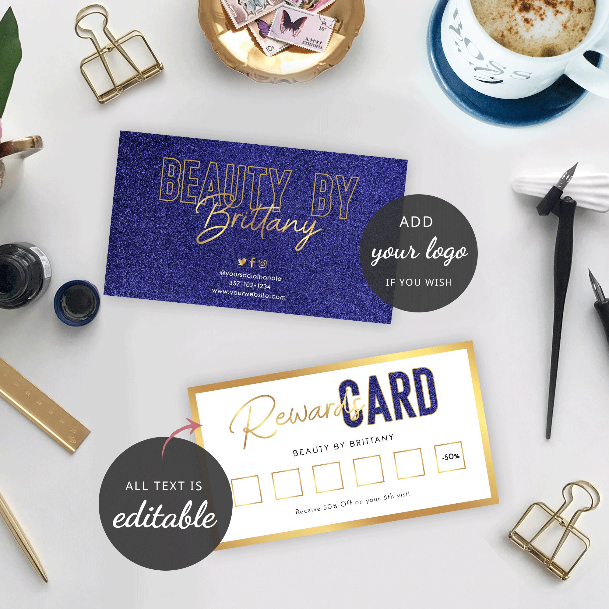 Blue & Gold Loyalty Card Template Printable PMU Rewards Card - Etsy