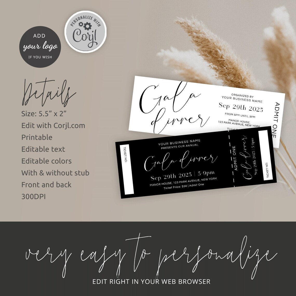 Minimal Gala Dinner Ticket Template, Editable Business Event Entry ...