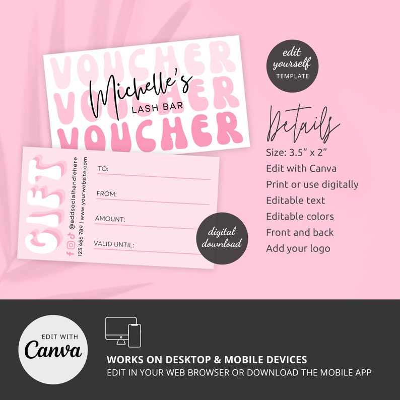 Retro Gift Card Canva Template 3.5x2", MINI Nails Gift Certificate ...
