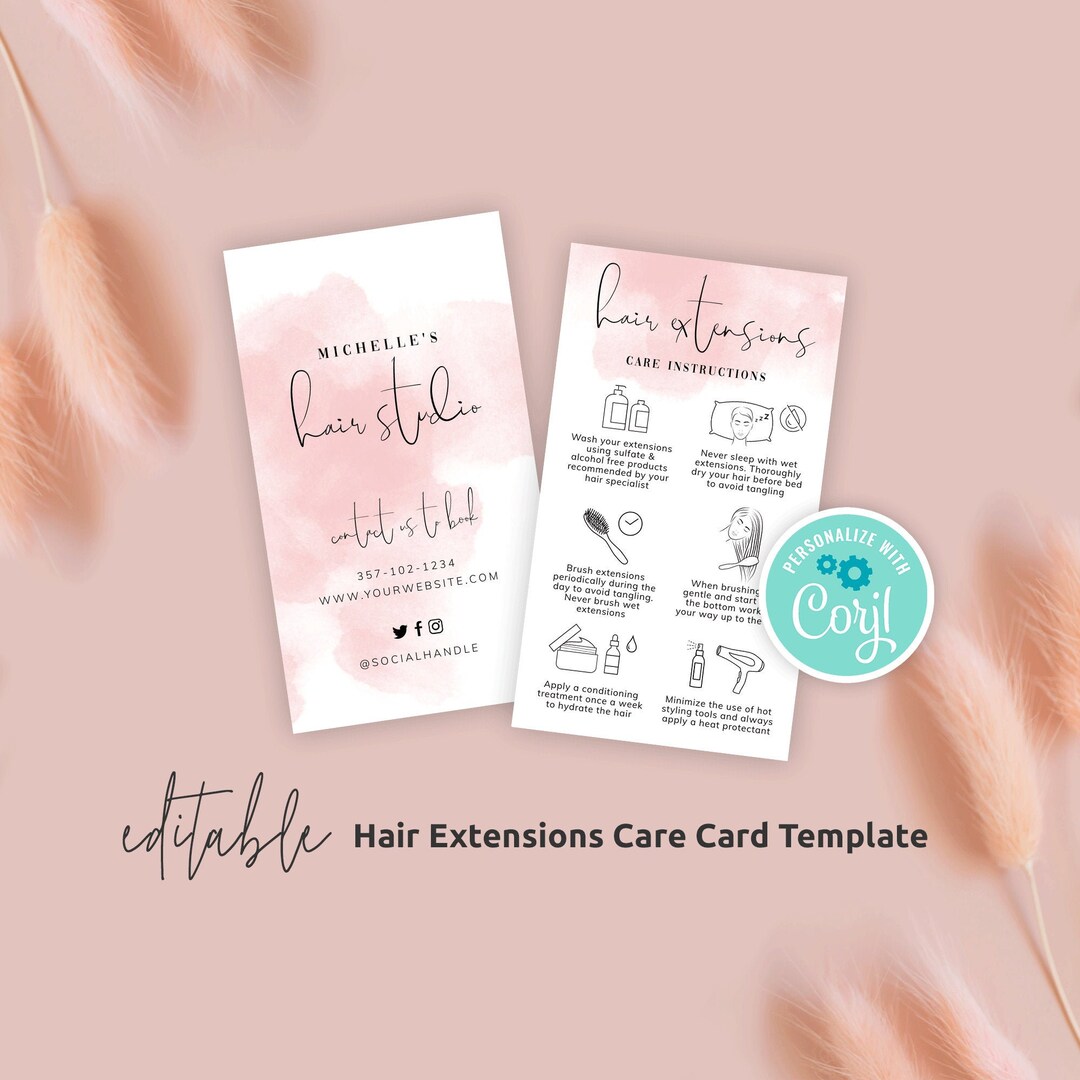 Hair Extensions Care Template, Feminine Hair Extensions Aftercare Card ...