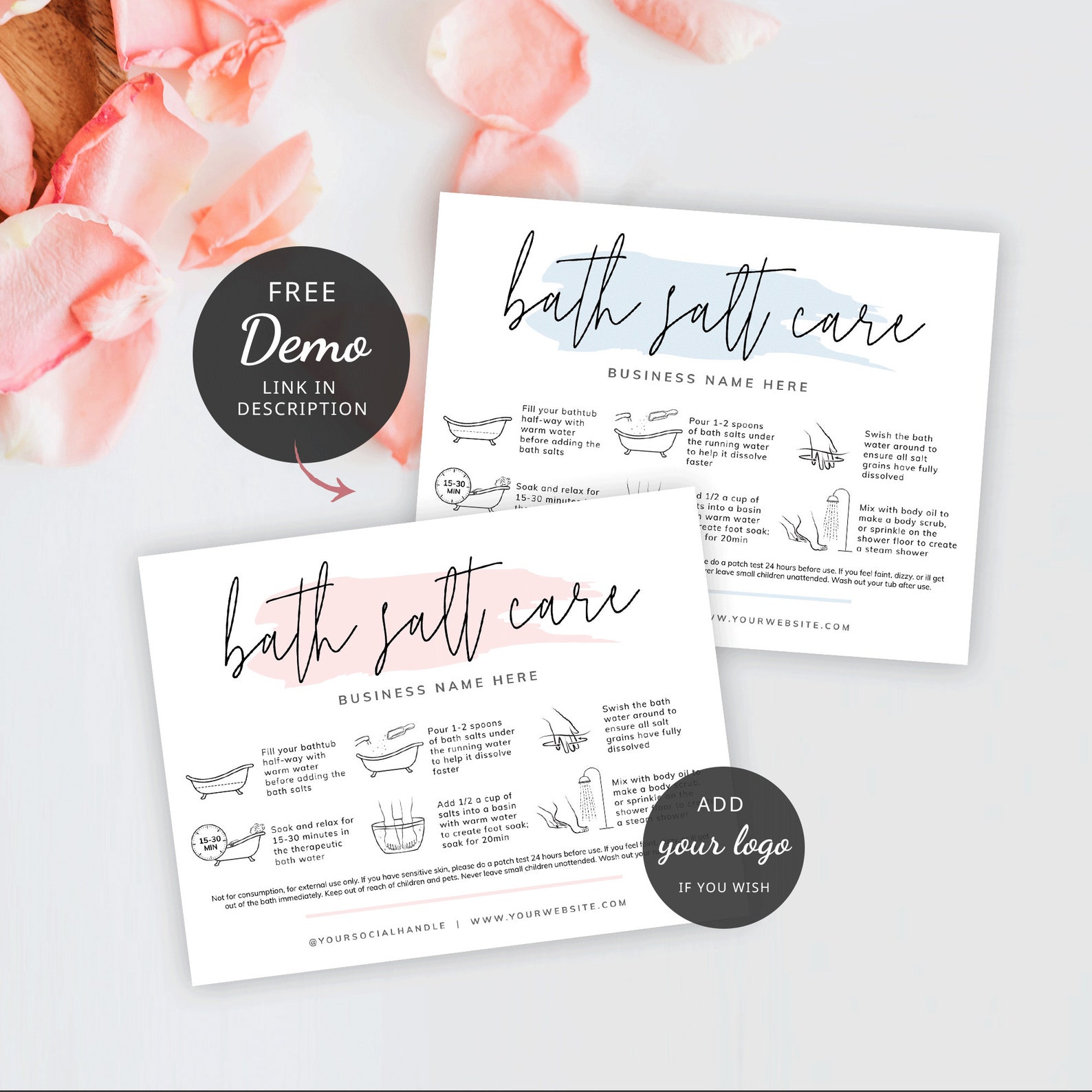 Bath Salts Care Card, Editable Epsom Salts Care Guide Template ...