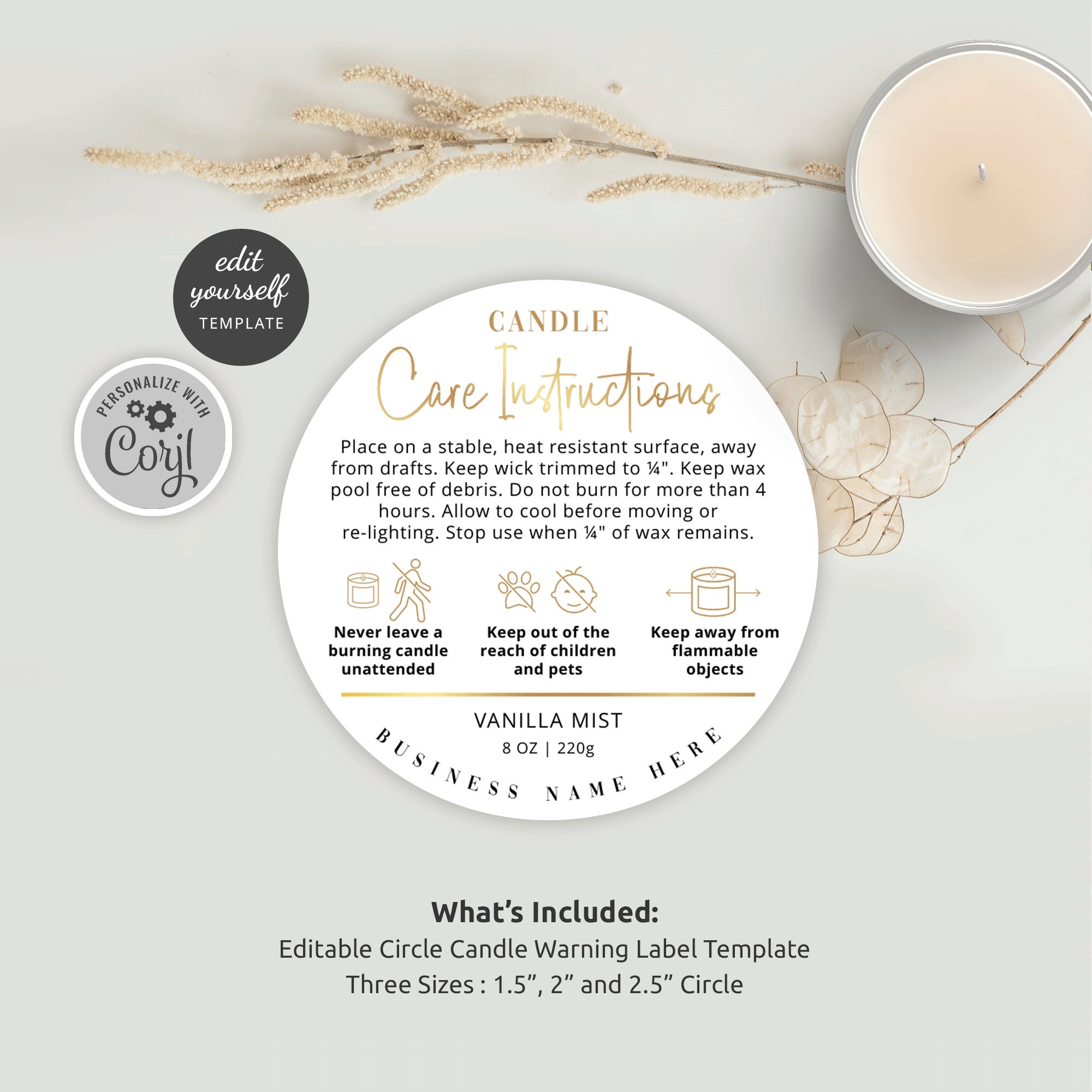 Candle Warning Circle Label Template, Customizable Candle Safety ...