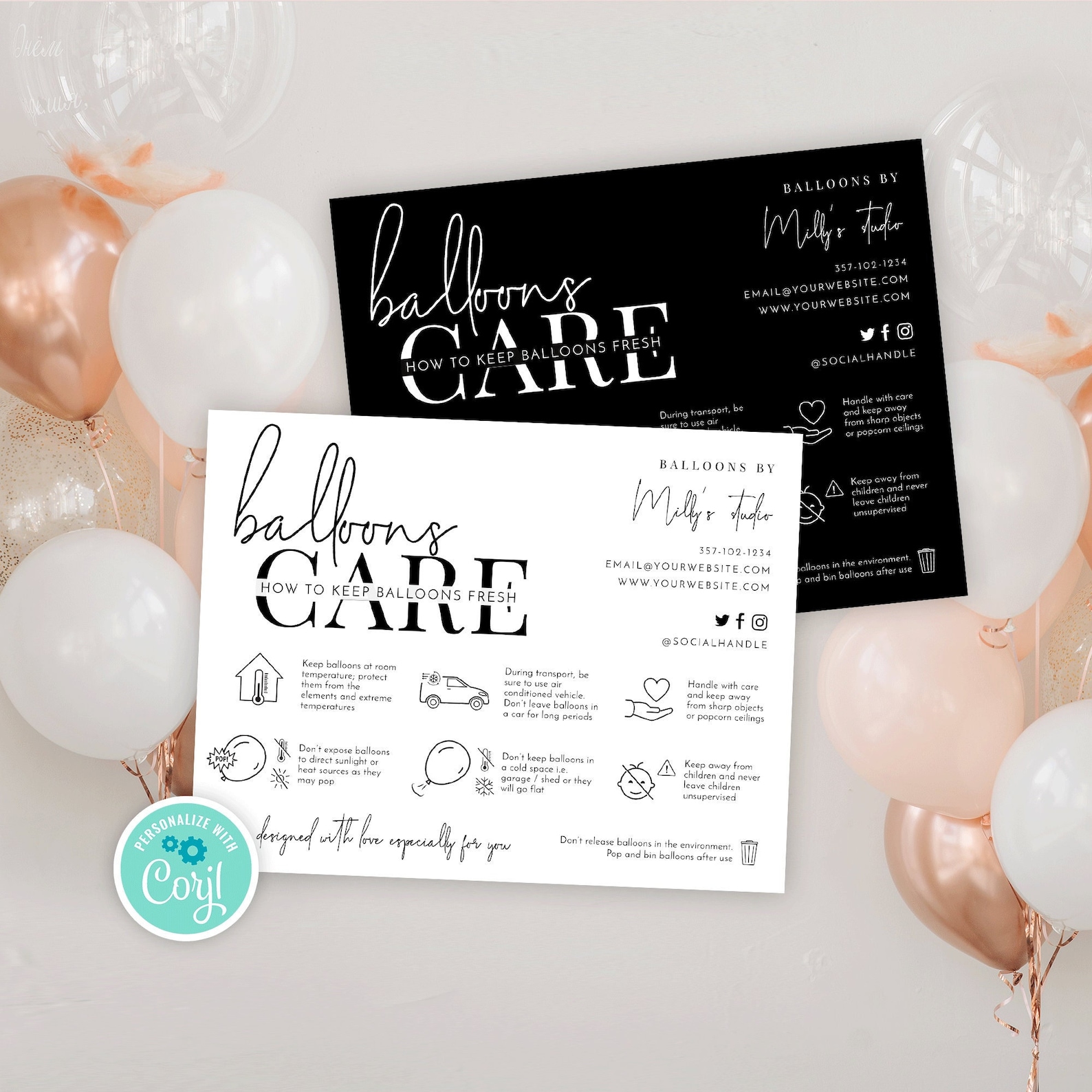 DIY Balloons Care Instructions Template, Air and Helium Balloon Warning ...