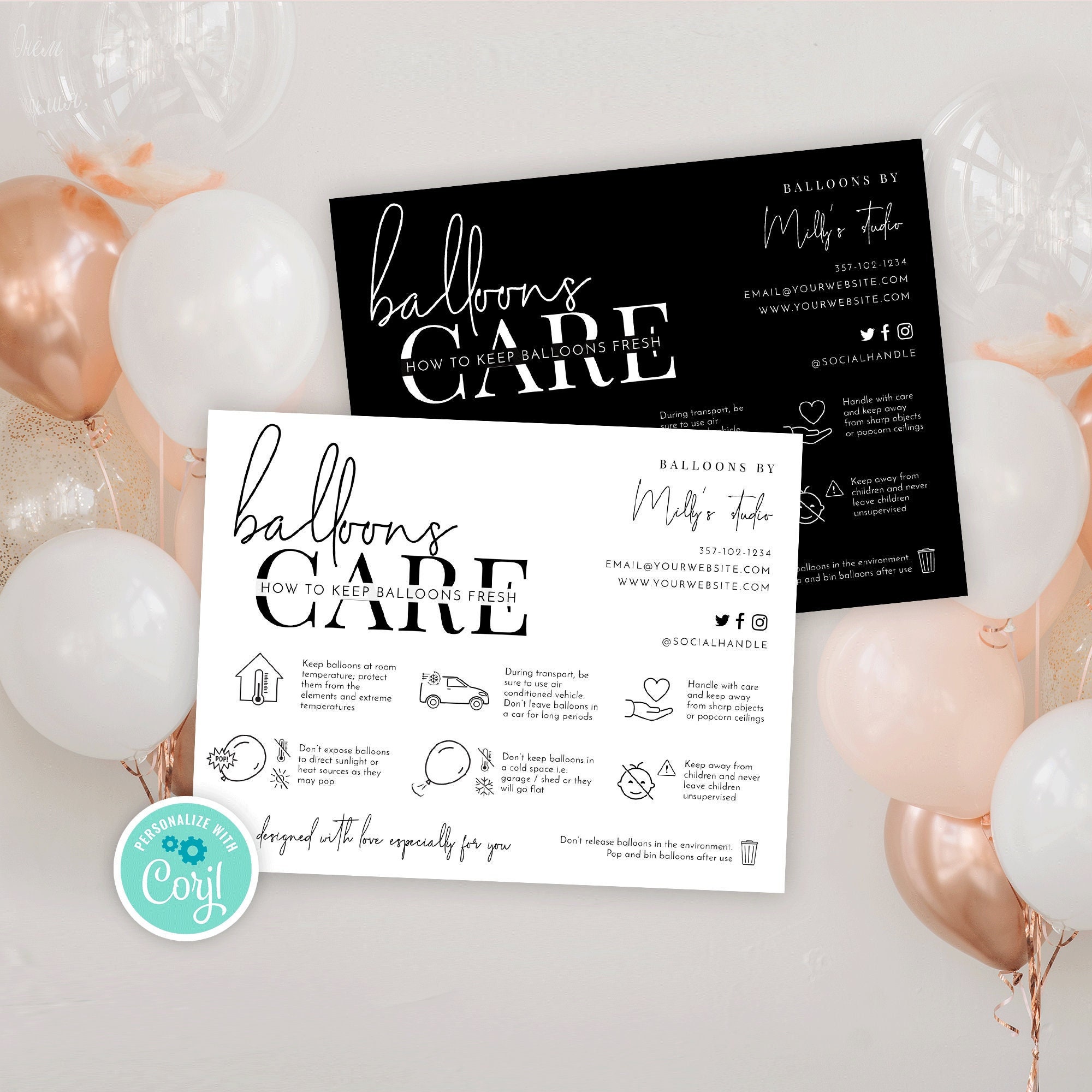 DIY Balloons Care Instructions Template, Air and Helium Balloon Warning ...