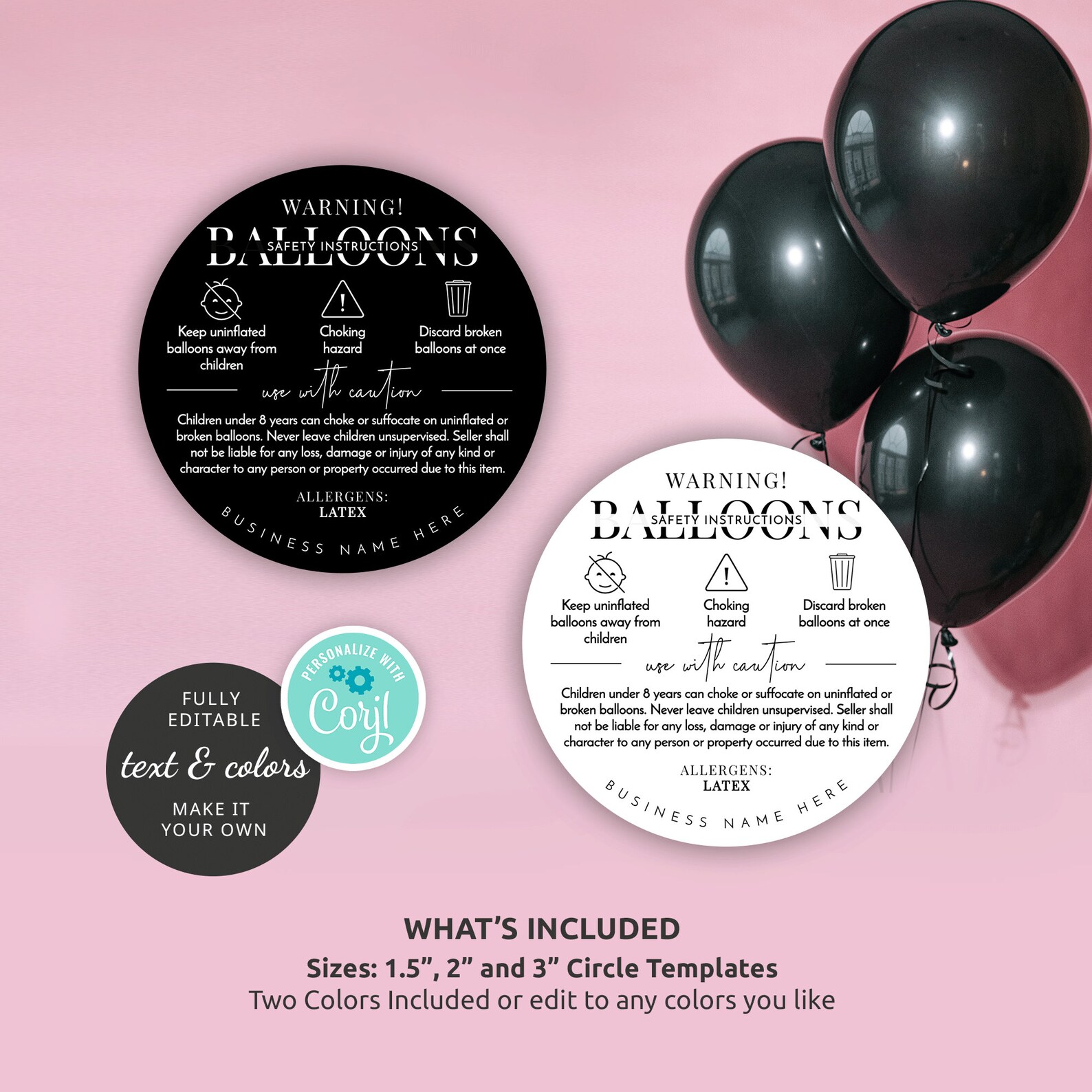 Balloons Warning Label Template, Editable Choking Hazard Sticker, 1.5 ...