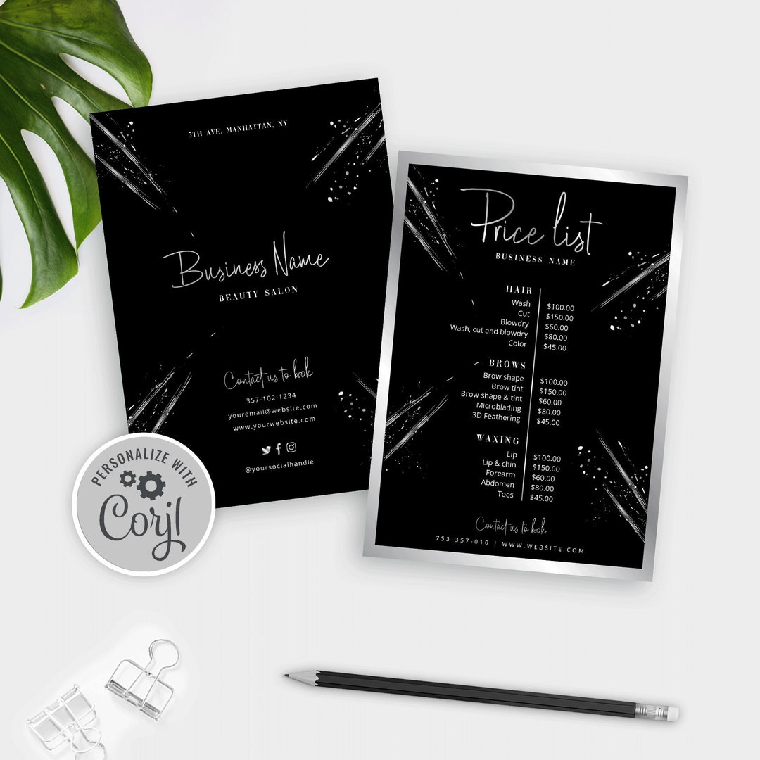 DIY Price List Template, Business Price List 5"x7", Silver Foil Effect ...