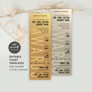 Gold Event Ticket Template, Elegant Awards Ceremony Entry Pass 8.5x2.75 ...